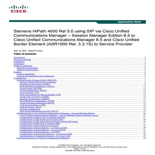 Siemens HiPath 4000 Rel 5.0 using SIP via Cisco Unified Communications Manager – Session Manager ...