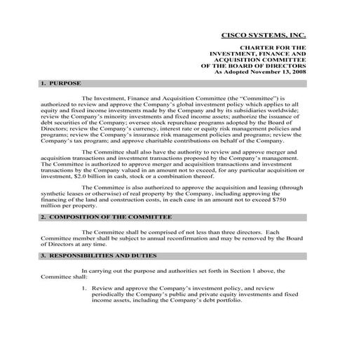 cisco systems Investment, Finance and Acquisition Committee Charter | PDF