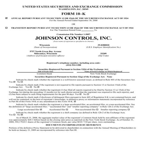 johnson controls FY2008 Form 10-K (Annual Report) | PDF