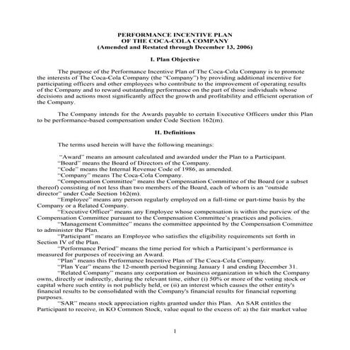 coca cola Performance Incentive Plan of The Coca-Cola Company (Amended ...
