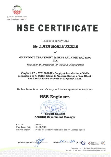 ADDC competency certificate for ADWEA project D5110