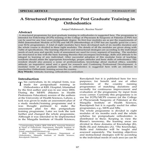 A Structured Programme For Post Graduate training in Orthodontics | PDF