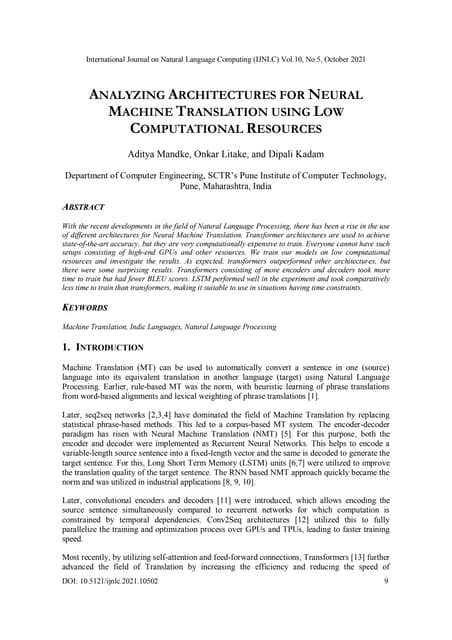 Analyzing Architectures For Neural Machine Translation Using Low Computational Resources Pdf