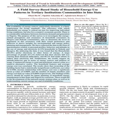A Field Survey Based Study of Household Energy Use Patterns in Tertiary ...