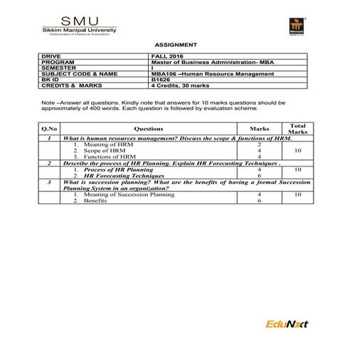 SMU MBA Sem 1 Fall 2016 Assignments | PDF | Human Resources | Business