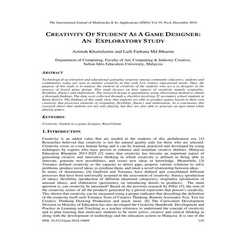 CREATIVITY OF STUDENT AS A GAME DESIGNER: AN EXPLORATORY STUDY | PDF