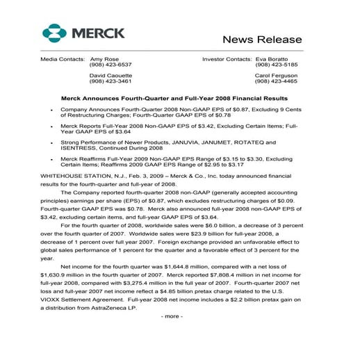 merck » 4Q08 Earnings Release | PDF