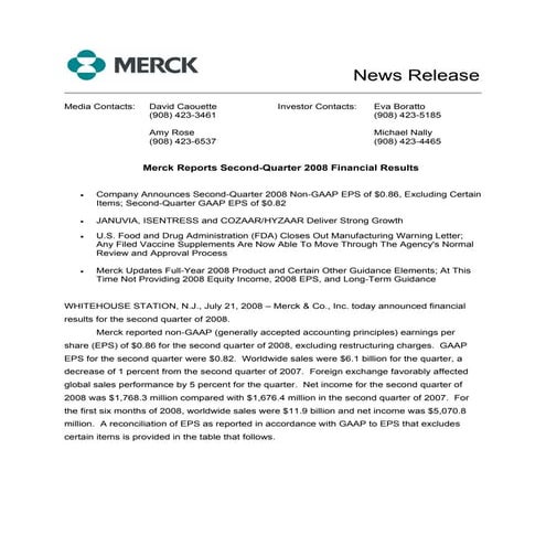 merck » 4Q08 Earnings Release | PDF