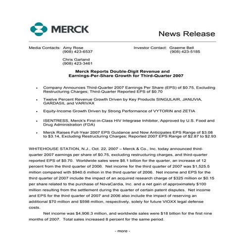 merck 3Q07 Earnings Release | PDF
