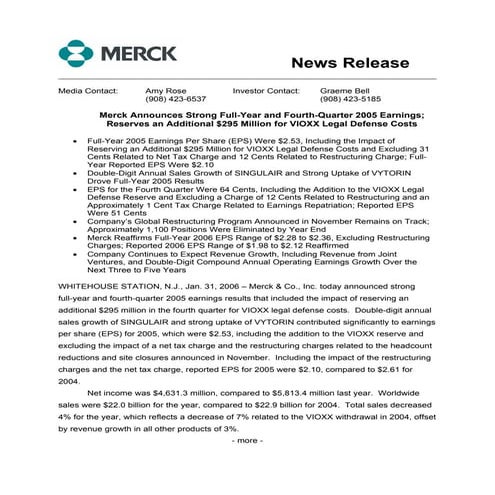 merck 4Q05 Earnings Release | PDF