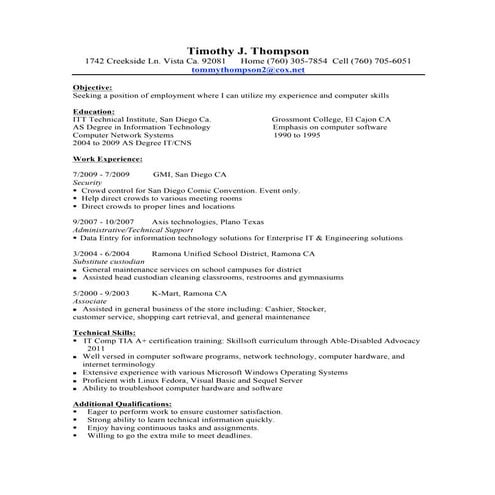 Tim Thompson Resume 2-2014 | PDF | IT and Internet Support | Internet