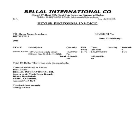 T-Shirt proforma Invoice | DOC