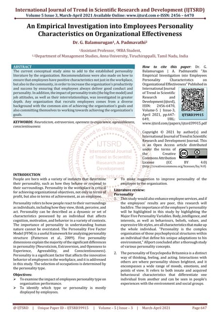 An Empirical Investigation into Employees Personality Characteristics ... An Empirical Investigation into Employees Personality Characteristics ...