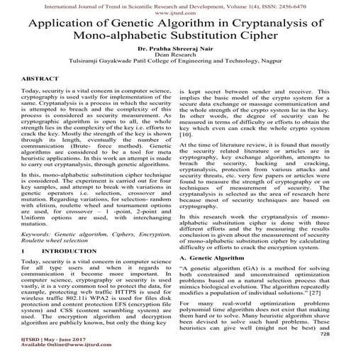 Application Of Genetic Algorithm In Cryptanalysis Of Mono Alphabetic Substitution Cipher Pdf
