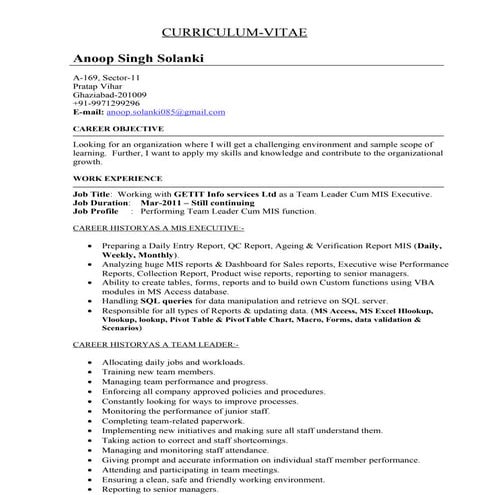 Anoop Resume TL-MIS | PDF