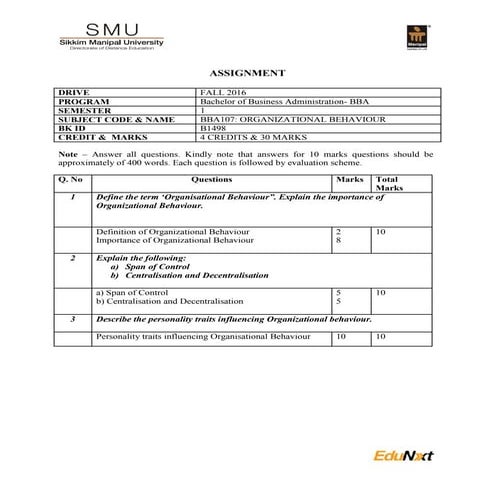SMU BBA Sem 1 Fall 2016 Assignments | PDF