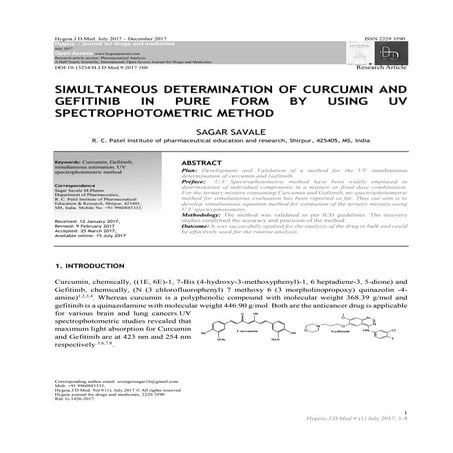 Simultaneous Determination of Curcumin and Gefitinib in Pure Form by Using UV Spectrophotometric ...