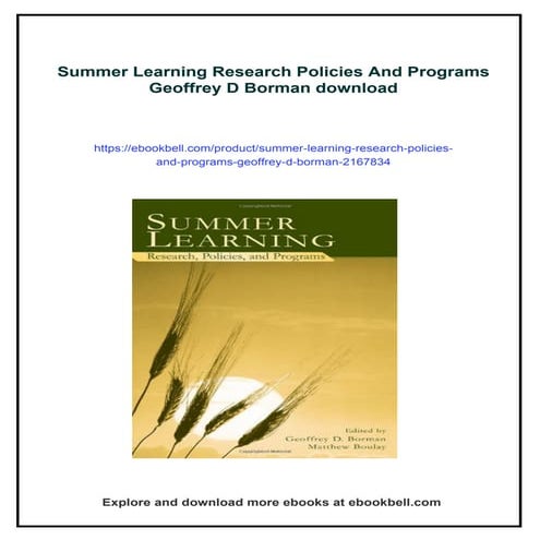 Summer Learning Research Policies And Programs Geoffrey D Borman | PDF