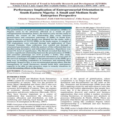 Performance Implication of Entrepreneurial Orientation in South Eastern Nigeria A Small and ...