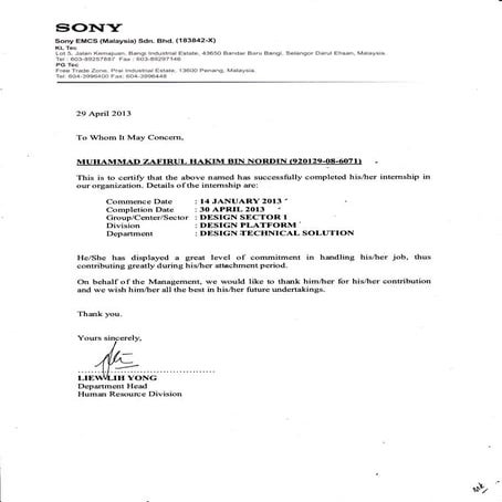 SONY Completion Letter | PDF