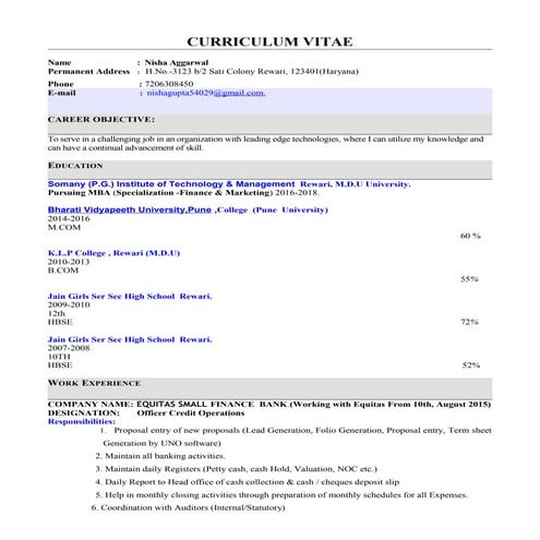 RESUME-nisha | DOC | Consumer Banking | Personal Finance