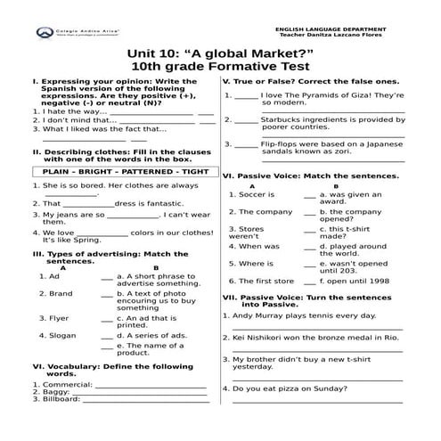 Unit 10 A Global Market? Formative Test | PDF
