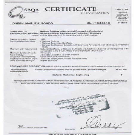 Certificate SAQA | PDF