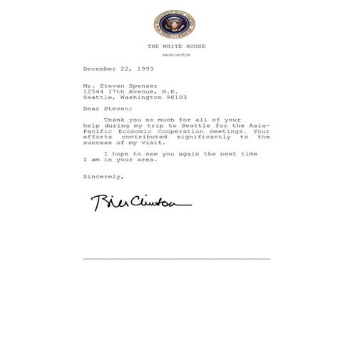 Thank-you note from President Clinton | PDF