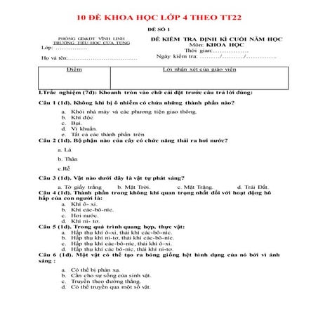 10 ĐỀ THI HK2 MÔN KHOA HỌC LỚP 4 THEO TT22 CÓ MA TRẬN +10 ĐỀ THI HK2 MÔN KHOA HỌC LỚP 4 THEO ...