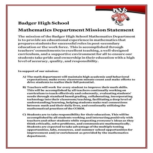 Badger High School Mathematics Department Mission Statement | DOCX