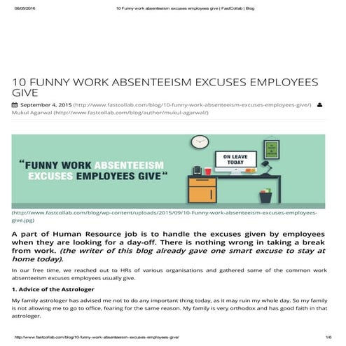 10 funny work absenteeism excuses employees give fast collab _ blog | PDF
