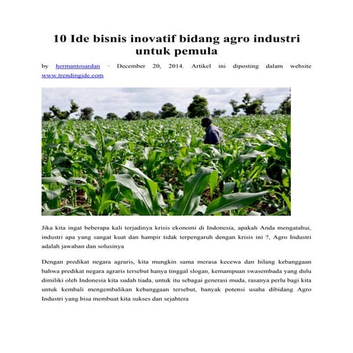 10 ide bisnis inovatif bidang agro industri untuk pemula | PDF