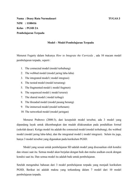 Model Pembelajaran Terpadu "MODEL SEQUENCED (URUTAN)" | PPTX