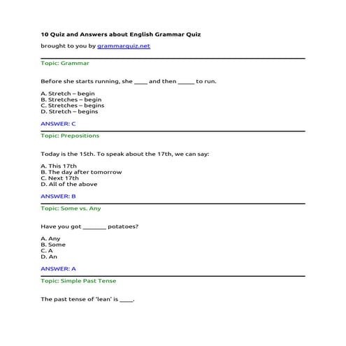 10 quiz and answers about english grammar quiz | PDF