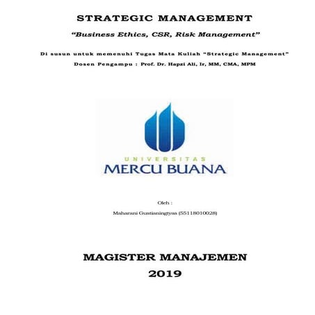 10, sm, maharani gustianingtyas, hapzi ali, strategic management, business ethics, csr, risk ...