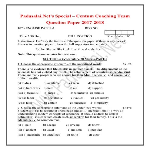 10th english-paper-1-centum-coaching-team-question-paper-2 | PDF