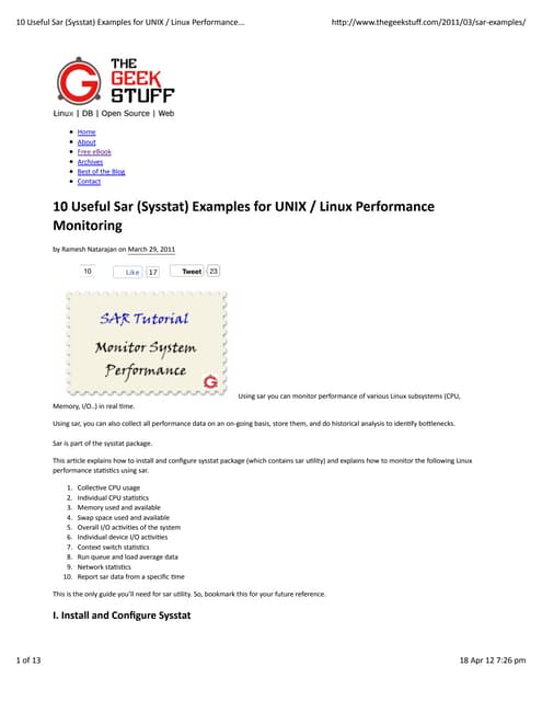 10 Useful Sar Sysstat Examples For Unix Linux Performance Monitoring Pdf