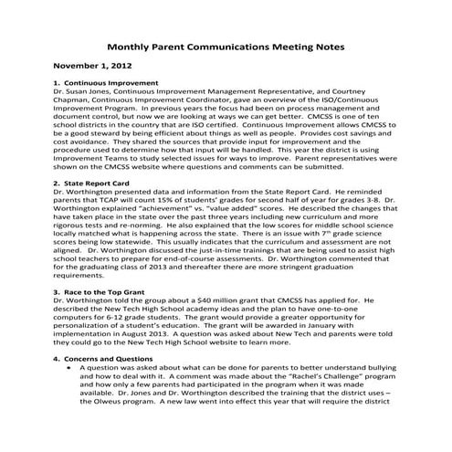 11 01-12 parent communications | DOC | Educational Assessment | Education