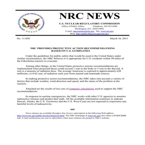 Nuclear Regulatory Commission Statement 3_16_11 | PDF