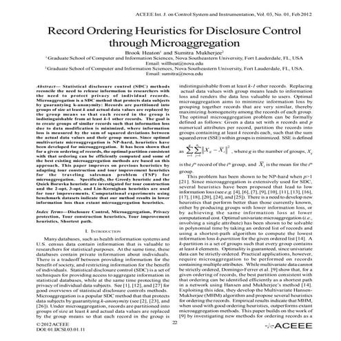 Record Ordering Heuristics for Disclosure Control through Microaggregation | PDF