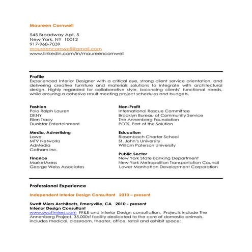 Maureen Cornwell resume & photos | PDF