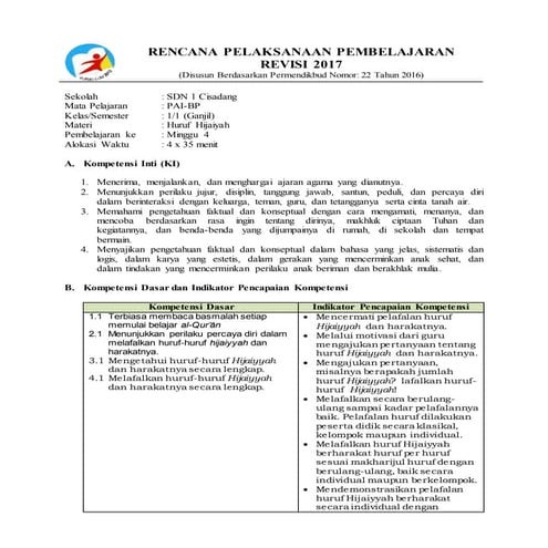 11. rpp 4 pai bp 2017 kelas 1 huruf hijaiyah | DOCX