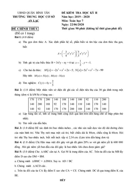 Đề Thi HK2 Toán 7 - THCS - THPT Quốc Tế Canada | DOCX