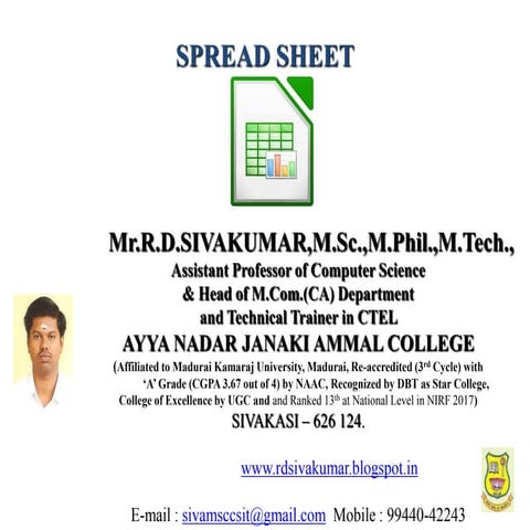 Spreadsheet - R.D.Sivakumar | PPT | Desktop Publishing | Computer Software and Applications