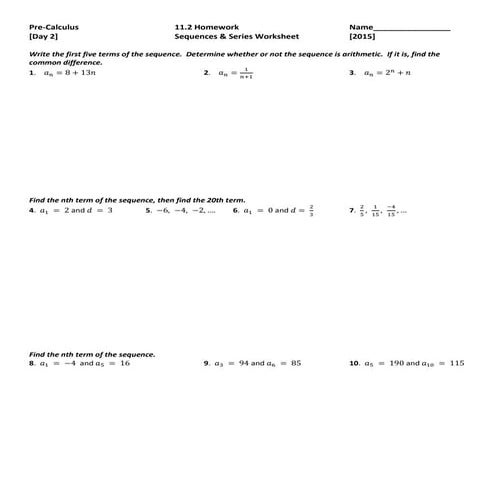 Worksheets Sequence And Series Calculus Arithmetic And Geometric