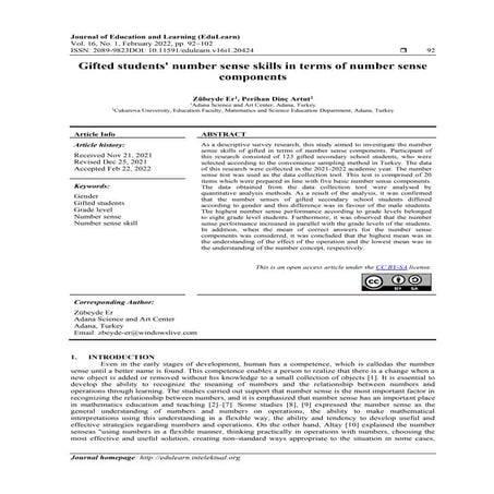 Gifted students' number sense skills in terms of number sense ...