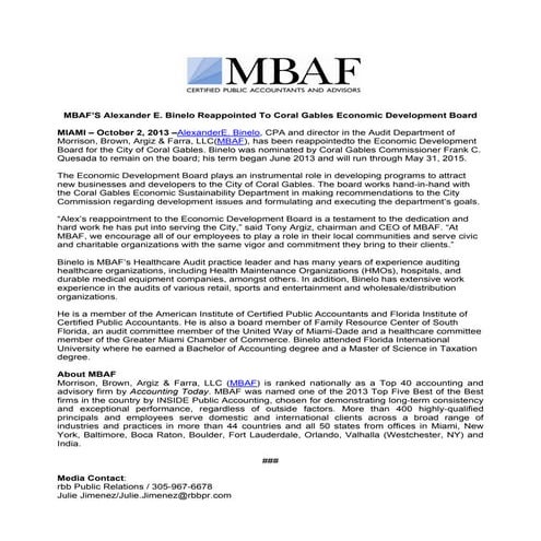 MBAF's Alexander E. Binelo Reappointed To Coral Gables Economic ...