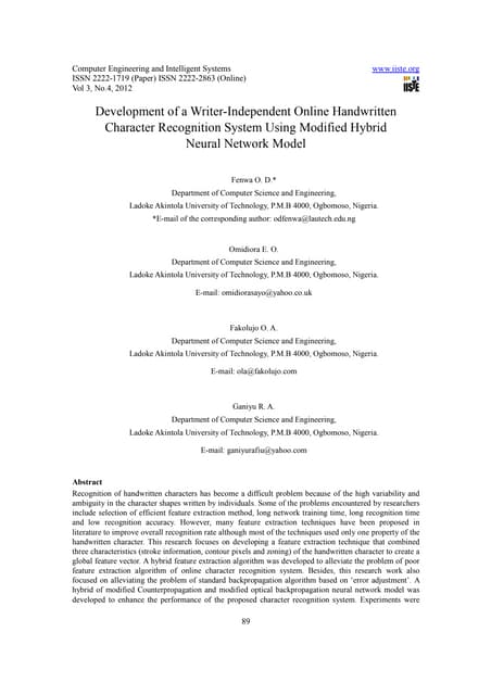 Development Of A Feature Extraction Technique For Online Character Recognition System Pdf