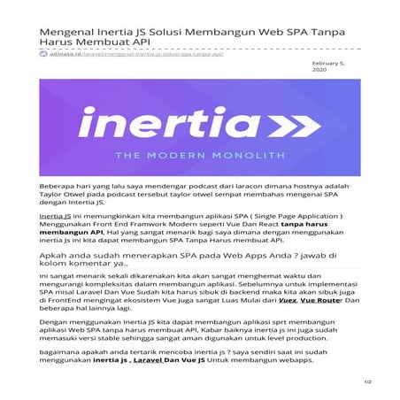 mengenal inertia js solusi membangun web spa tanpa harus membuat api | PDF