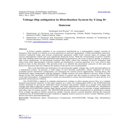 11 Voltage Dip Mitigation In Distribution System By Using D Statcom Pdf